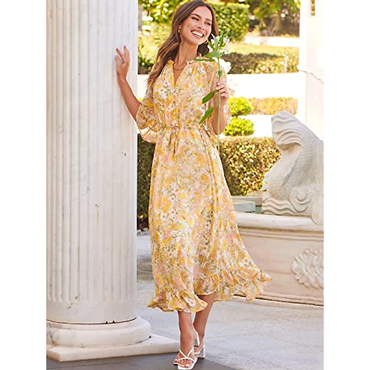 ANRABESS Women's Summer Ruffle Maxi Dress Floral Print 3/4 Bell Sleeve V Neck High Waist Flowy Boho Long Dress 746fenhuang-XL