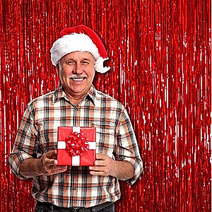 2PCS Red Foil Fringe Curtain Backdrop, 8ft Sparkle Tinsel Metallic Curtains for Birthday Party Wedding Graduation Photo Booth Backdrop Valentines Christmas Halloween Disco Party Decorations