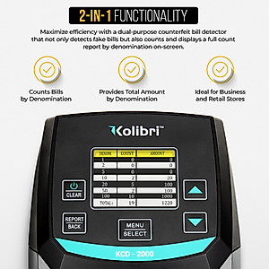 KOLIBRI KCD-2000 Advanced Counterfeit Bill Detector | All-Orientation Counterfeit Detection Bill Counter | Money Counter by Denomination | Detect Fake Bills Fast