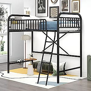 GINGVAT Twin Size Metal Loft Bed with Ladders/Full-Length Guardrails, Modern Style Study/Play Area, No Box Spring Needed, Black