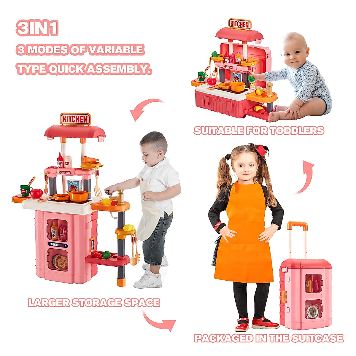 GEIYATOI Kitchen Playset, 3 in 1 Kitchen Pretend Play Toys Travel Suitcase, 49 PCS Realistic Cooking Accessories, Sounds, Lightnd, Running Water, Great Kitchen Toys for Toddlers Kids