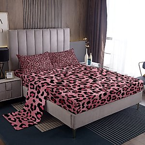 Pink Leopard Print Sheet Set Twin,Cheetah Bedding Set for Kids Teens Girls,Wild Animal Skin Texture Romantic Fashion Bed Sheet Set 3pcs with Deep Pocket Fitted Sheet + Flat Sheet + 1 Pillowcase
