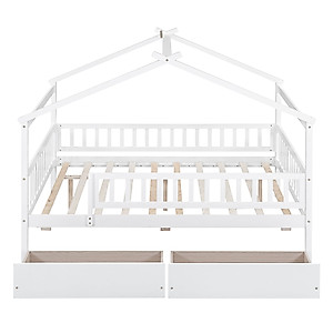 House Bed with Fence Storage, Full Size Montessori Style Beds with Railings and 2 Drawers, Wooden Playhouse Bed Frame for Kids Girls Boys, White