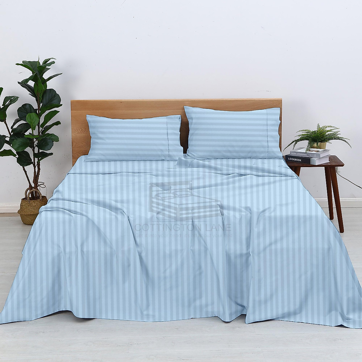 400 Thread Count 100% Egyptian Cotton Sheet Set - Queen Size Sheets Set - 12 inch Deep Pocket of Fitted Sheet - 4 Piece Sheet Set (Sky Blue Stripe - Queen 12 inch Deep Pocket Sheets)