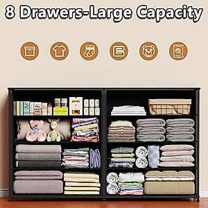 Furnulem Wide Dresser with 8 Fabric Drawers, TV Entertainment Center with Storage for 55'' TV, Large Chest of Drawers for Bedroom, Living Room, Dorm, Closet, Entryway, Wood Top (Black Oak)