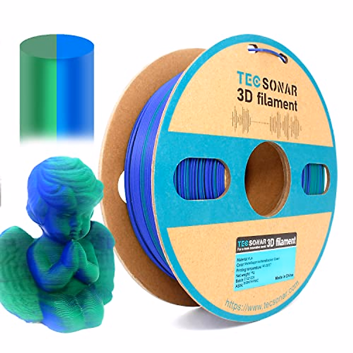 TECSONAR Matte Dual Color PLA Filament Coextrusion Filament Multicolor 3D Printer Filament 1kg Dichromatic Filament 1.75mm (± 0.03 mm) Compatible w/Most of 3D Printer, Matte Royal Blue Aqua Green