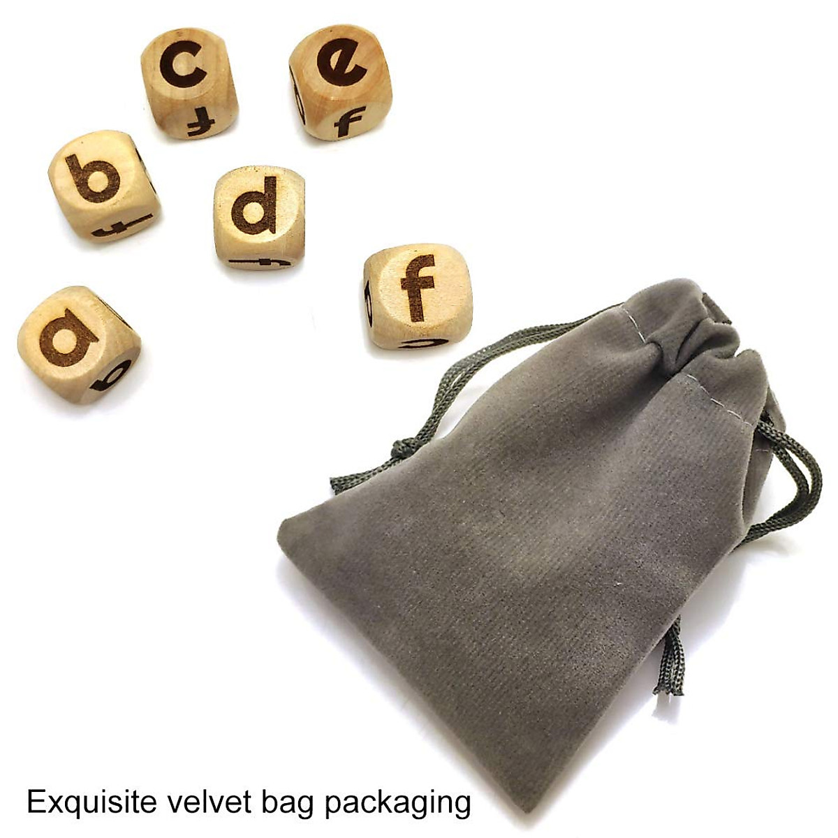 Hometu Creative 20MM 6-Sided Game Dice Set (6Pcs Identical Dices) Wooden Letter Pattern Dices Laser Engraved Rolling Decider for Party Playing Games