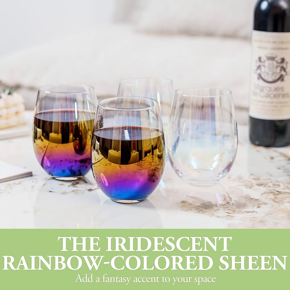 MyGift 18 oz Modern Iridescent Transparent Stemless Wine Glasses, Rainbow Colored Luster Clear Cocktail Beverage Drinking Glass Cups, Set of 4