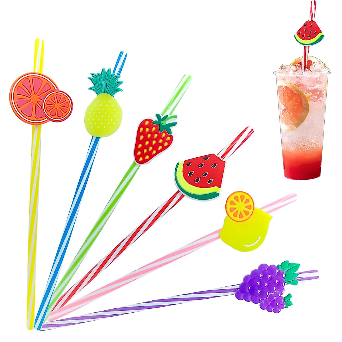 Honest ECO Replacement Disposable Plastic straws for Kids Party DIY Decoration Daily Drinking Straws (24 straws+12 plastic fruits+2 cleaning brush)