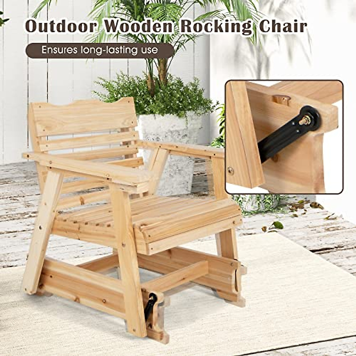 Giantex Outdoor Glider Rocking Chair - Wood Porch Rocker with High Back, Widened Armrests, Curved Seat, Rotatable Cup Holder, Patio Slat Rocking Chair for Backyard, Balcony, Poolside, Natural