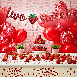 Strawberry Two Sweet Banner, Baby 2nd Birthday Banner, Strawberry Themed 2nd Birthday Baby Shower Party Decorations Red Glitter
