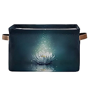 Rectangular Storage Bin Cube Magic Lotus Floral Foldable Organizer Basket with Handles, Glowing Waterlily Flower Floating On Pond Artwork Collapsible Storage Box Kid Toy Shelf Closet Nursery