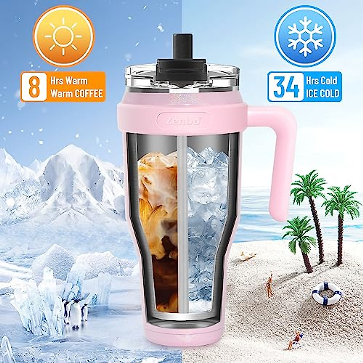 Zenbo 40 oz Glitter Tumbler with Handle–Stainless Steel Vacuum Insulated Mug Cup with Handle, Lid and Straw, Keeps Drinks Cold up to 34 Hours–Sweat-Proof Body, Dishwasher Safe