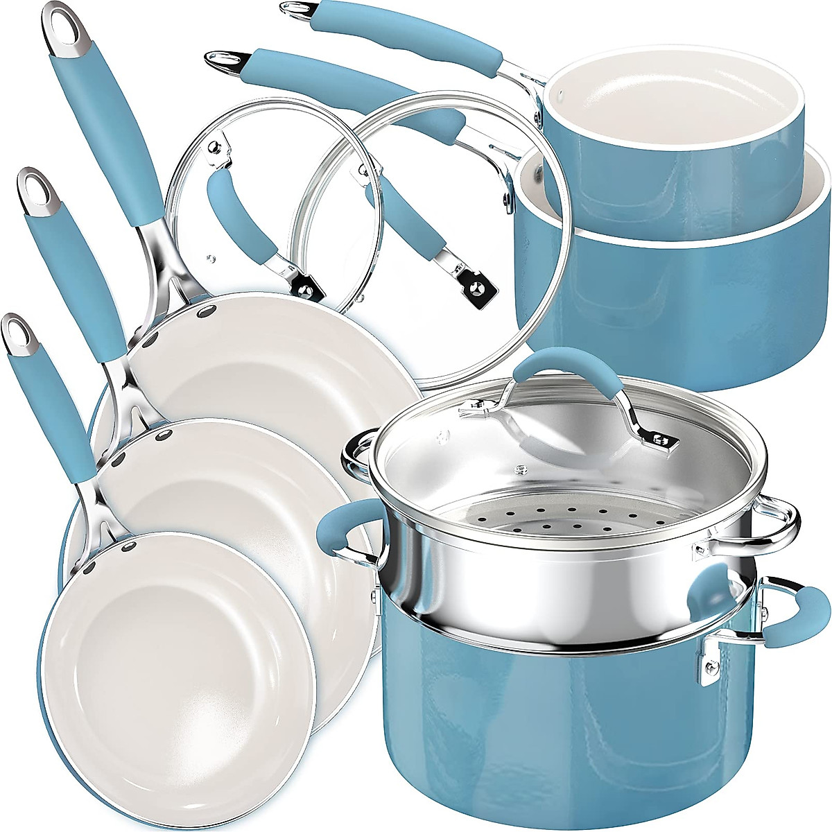 Induction Pots and Pans Set, Cookware Set with Silicone Grip, Non-Stick Ceramic Coating, Frying Pan, Skillet, Stock Pot, Sauce Pan, Stainless Steel Steamer (10 Piece Turquoise/Creamy)
