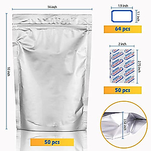 50 Pack Mylar Bags with 50 bags 300cc Oxy-Sorb 9.4 Mil Resealable Foil Ziplock Bags for Food Long Term Storage for Snack Cookies, Wheat (10"x14" )