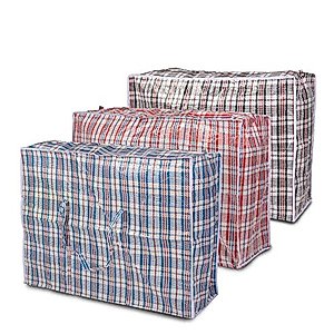 LONABR 3PCS Extra Large Moving Bags Heavy Duty Woven Tote Bag 35gal Checkered Reusable Storage Bag with Durable Handle Zipper for Travelling, College Carrying, Moving, Camping,31"x11"x24"