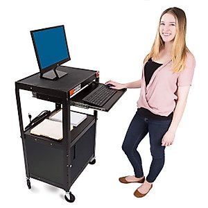 Line Leader AV Cart with Locking Cabinet | Height Adjustable Utility Cart with Extra Storage | Power Strip and Cord Management | Great for Presentations (Black / 24 x 18)