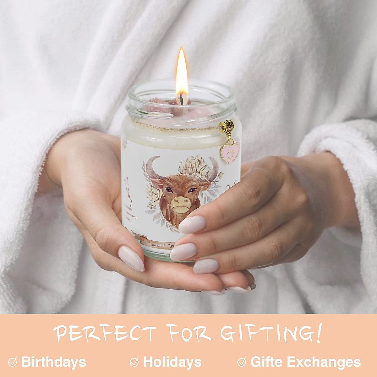 ZINCGE Taurus Gifts, Zodiac Crystal Candle, Birthday Candle Gifts for Women, Astrology Gifts for Mom Wife Sister, Gift for Her Pear and Freesia Scented Candle with Pink Crystals