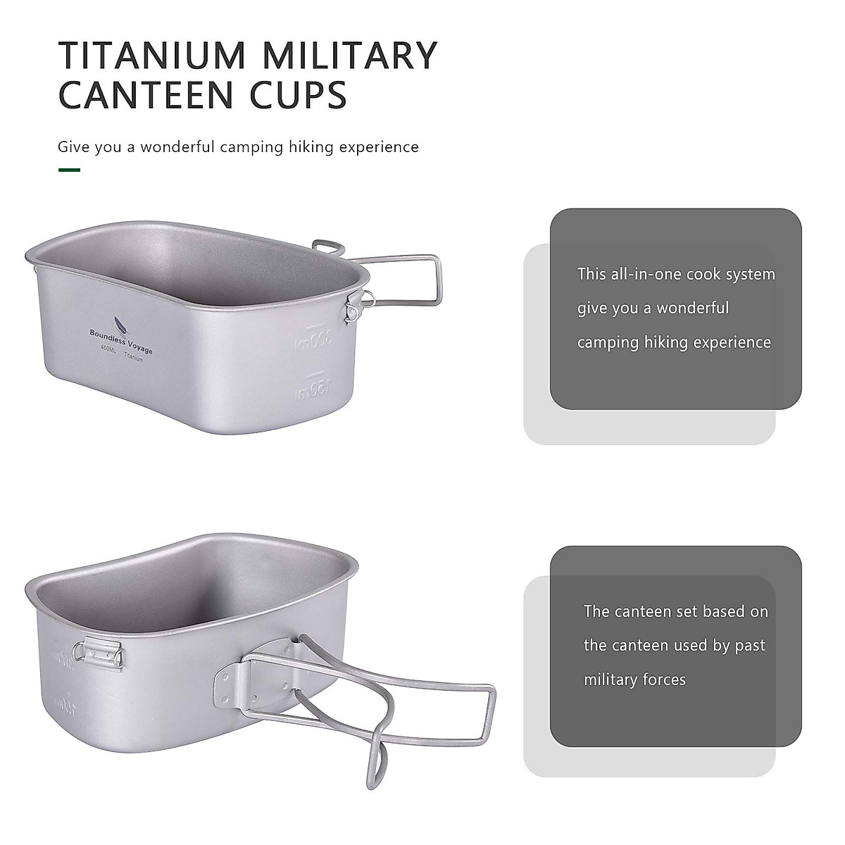Boundless Voyage Titanium Military Canteen Cups Set Outdoor Camping Hiking Water Bottle Bowl Cooking Set Mess Kit (Ti15158B (Canteen+2cups set))