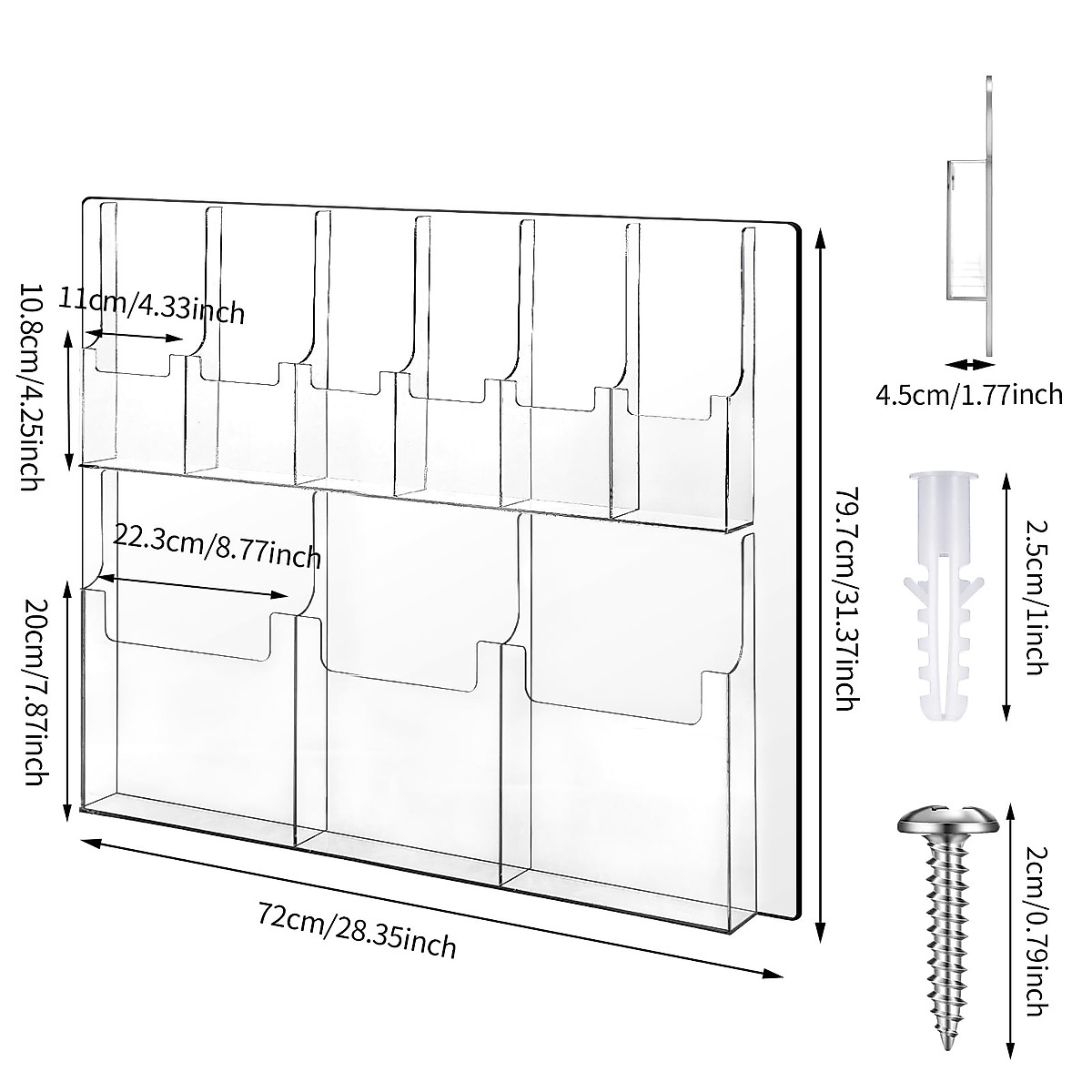 Barydat Acrylic Brochure Holder Wall Mount Plastic Magazine Display Clear Literature Rack Acrylic Pamphlet Holder Wall Mount Flyer Brochure Organizer, 3 Magazine Pockets, 6 Pamphlet Pockets