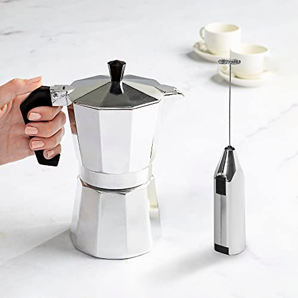 Primula Stovetop Espresso Maker and Handheld Electric Milk Frother Gift Set, Moka Pot for Classic Italian and Cuban Coffee, Cafetera, 6 Espresso Cups, Silver