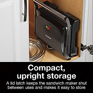 Proctor Silex 4 Serving Panini Press, Sandwich Maker and Compact Indoor Grill, Upright Storage, Easy Clean Nonstick Grids, Black (25440PS)