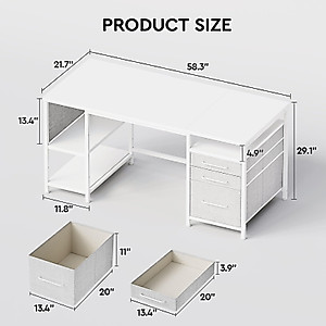 Ｍａｉｈａｉｌ Maihail Home Office Desk with Drawers and Adjustable Shelves, 59 inch Long Writing Desk with File Cabinet, Large Computer Desk with Storage, Vintage, White