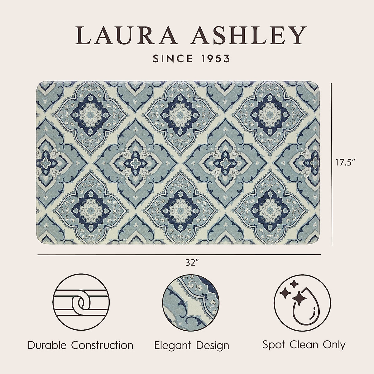 Laura Ashley – Anti-Fatigue Kitchen Mat, Allie Medallion Design, Stain, Water & Fade Resistant, Cooking & Standing Relief, Non-Slip Backing, Measures 17.5” x 32", Light Blue Allie