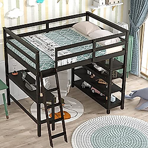 DEYOBED Full Size Wooden Loft Bed Frame with Under-Bed Desk and 4-Tier Storage Shelves - Stylish and Practical Furniture for Enhanced Bedroom Organization