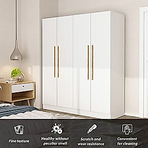 FAMAPY 4 Door Wardrobe Armoires and Wardrobes with Storage Shelevs, Armoire Wardrobe Closet with Hanging Rod, Wooden Handles, Armoire Closet for Bedroom White (63”W x 19.7”D x 70.9”H)