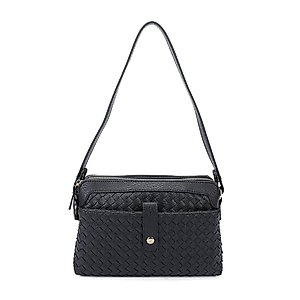 OIIV Women PU Leather Weave Shoulder bag with Zipper Clutch Leisure Crossbody Bag (BLACK)