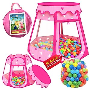 Playz Ball Pit Princess Castle Play Tent for Girls w/ 50 Balls Included - Pop Up Children Play Tent for Indoor & Outdoor Use - Playland Playhouse Tent w/ & Glow in The Dark Stars & Zipper Storage Case