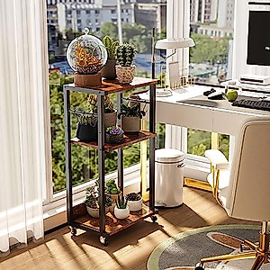 YMYNY Mobile Printer Stand, 3-Tier Printer Cart with Adjustable Storage Shelf and 6 S-Hooks, Tall Printer Table for Home Office, for Computer Tower Stand, Shredder, CPU Stand, Rustic Brown, UHPT002H