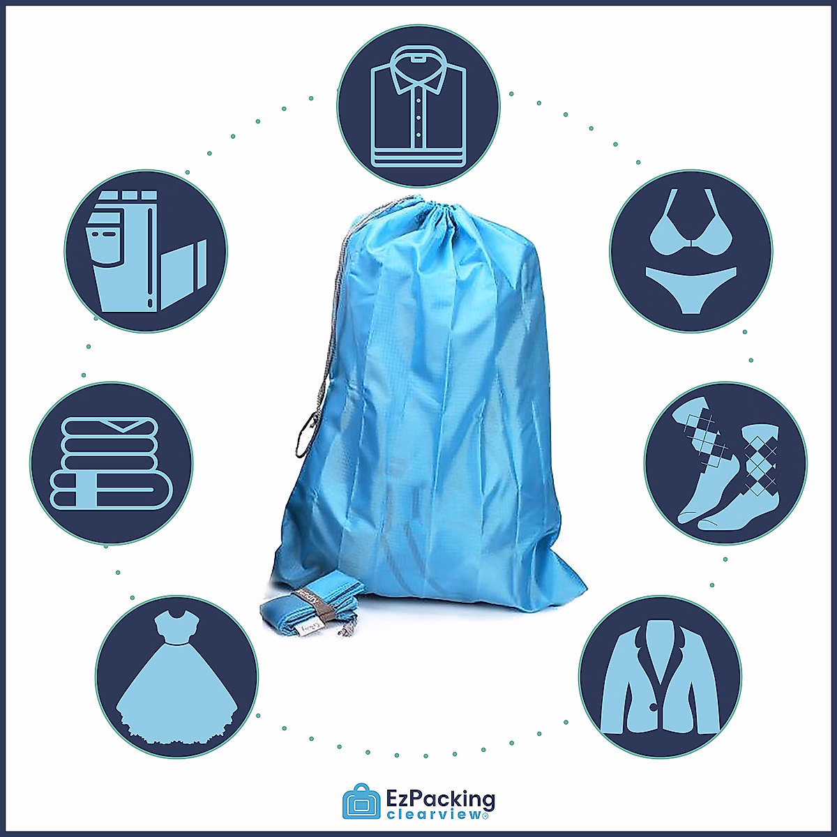 EzPacking Travel Laundry Bag with Drawstring/Foldable Compact Lightweight Small Travel Size for Suitcase / (22” X 16”) / Clean Dirty Clothes Wash Bag/Nylon Blue/Washable/For Women Men Kids Baby