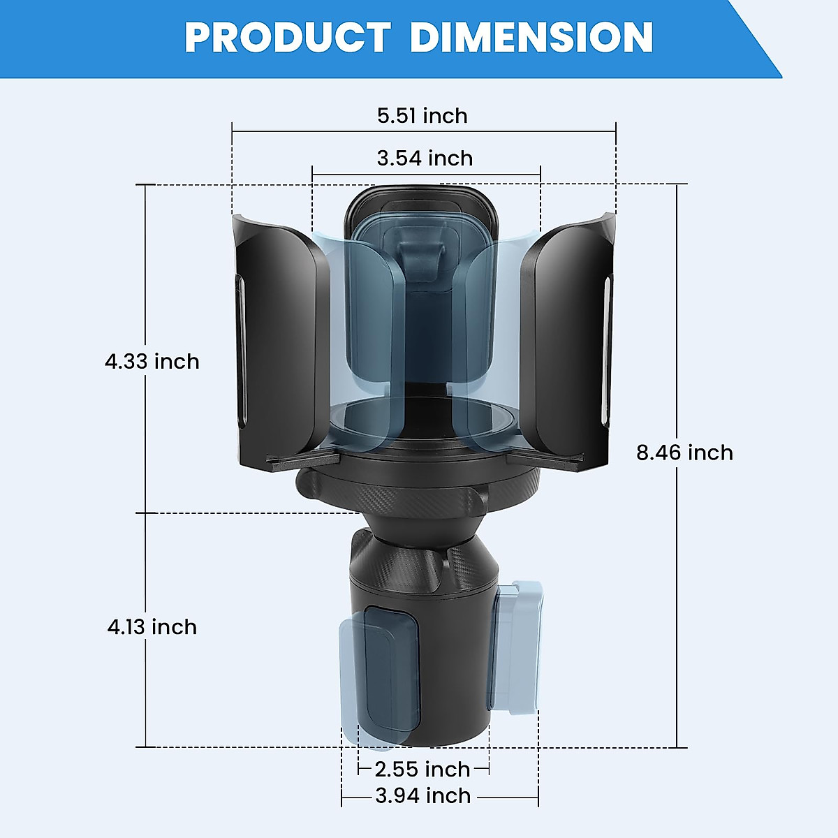 Cup Holder Expander for Car with Adjustable Holder & Base, Compatible with 10-64oz Yeti Ramblers, Stanley, Hydro Flask, Nalgene, Hold 2.9"-5.5" Large Bottles Mugs Food Drink, Car Cup Holder