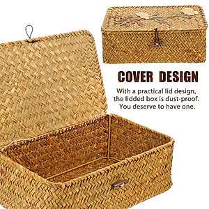 Zerodeko Seagrass Rattan Storage Basket Weaving Storage Box Wicker Basket Embroidery Pattern Storage Box Rectangular Makeup Organizer Container with Lid Shelf Baskets M