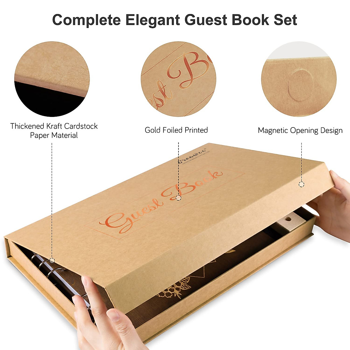 Creawoo Wooden Wedding Guest Book Reception Sign in Guestbook with Table Sign, Pen & Holder, Hardcover Memory Registry Photo Album with 90 White Pages for Wedding, Baby Shower, Birthday-11 x 8.5"