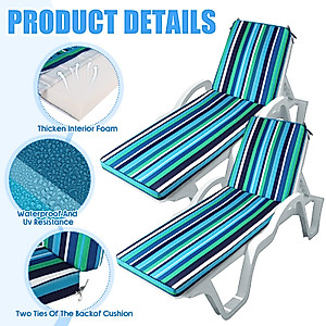 Menkxi 2 Pack Outdoor Stripe Chaise Lounge Cushion with Ties, Reversible Patio Cushion, Solid Back Lawn Furniture Cushions, Pool Lounge Chair Cushions, 70.87'' x 19.69'' x 3.54'' (Classic Color)