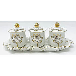 Houlu 3 Altar Cups Set, Ceramic Holy Water Offering Cup, Tibetan Buddhist Worship Cup (White)