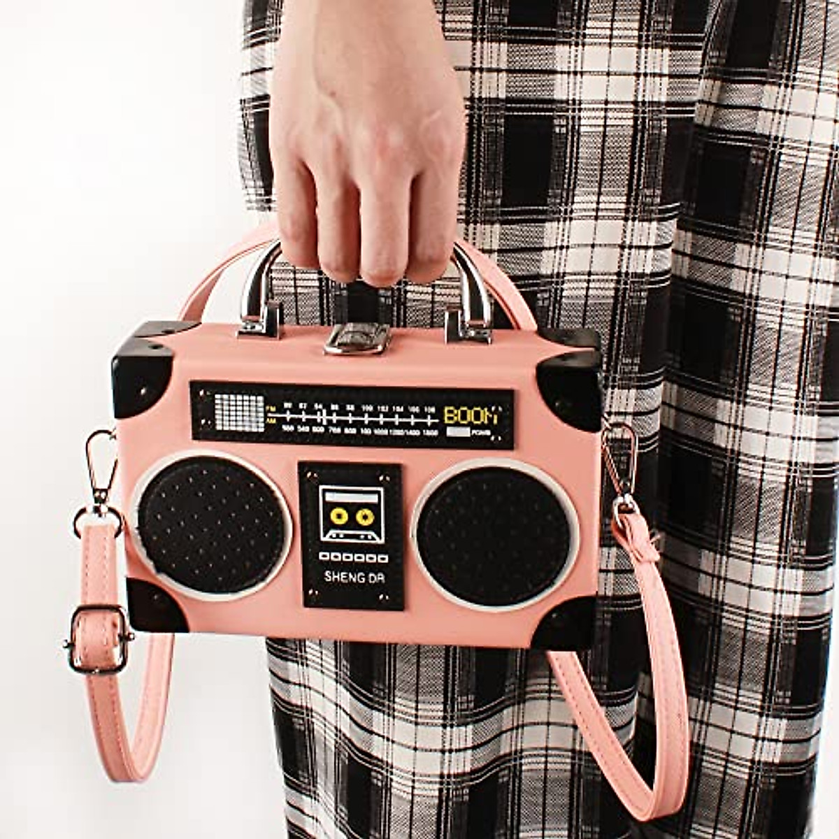 Rebecca Women Retro Radio Shape Crossbody Bag PU Leather Vintage Evening Clutch Purses (1A-Pink)