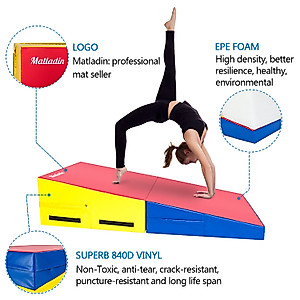 Matladin Folding Gymnastics Cheese Wedge Incline Mat, Gym Fitness Tumbling Skill Shape Mat for Kids Girls Home Training Exercise (55"x28"x14", Red+Yellow+Blue)