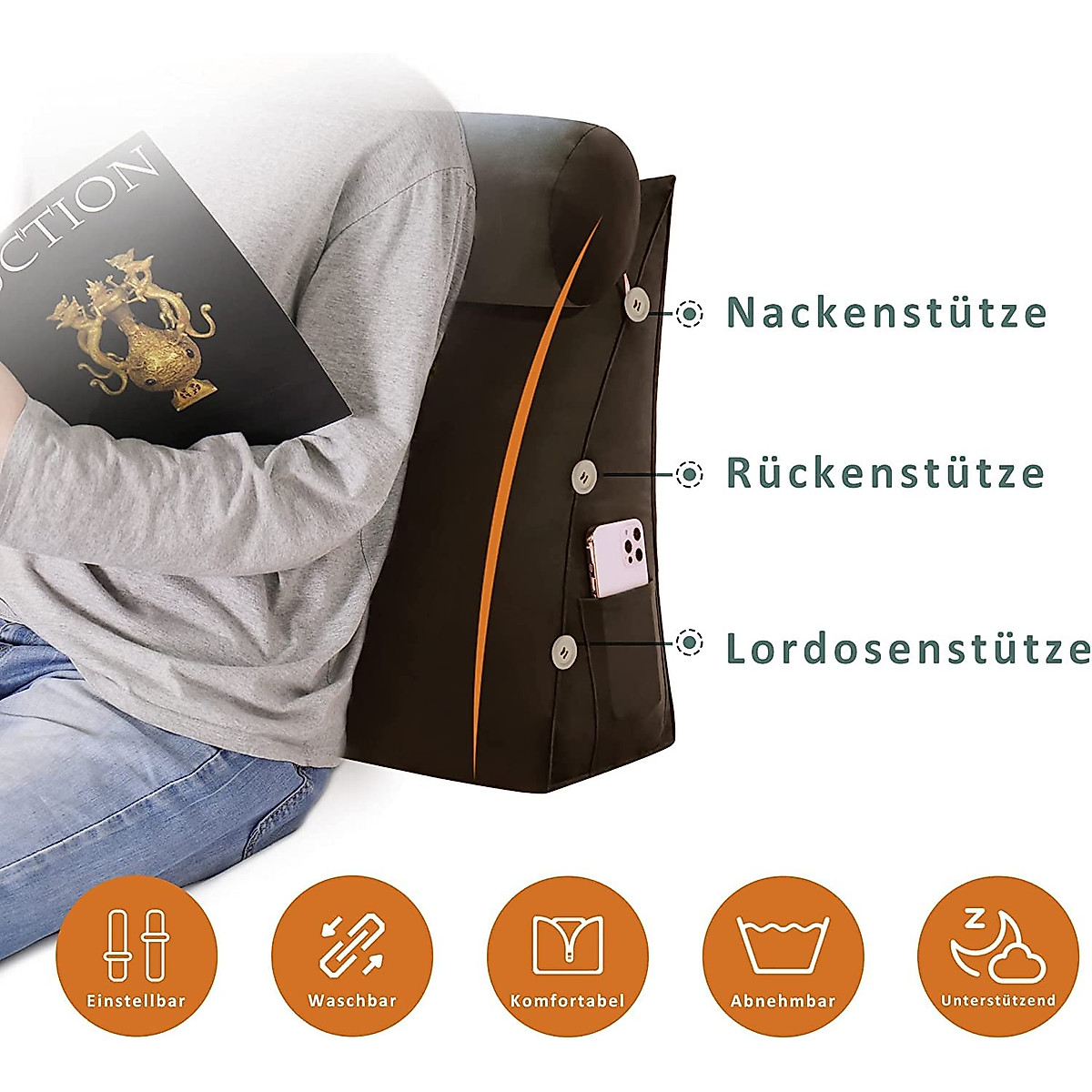 VERCART Adjustable Bed Reading Pillow Throw Wedge Pillows for Sleeping Triangular Bedrest Sofa Lumbar Neck Back Support with Removable Velvet Cover, 23.5 Inches, Coffee Velvet-brown