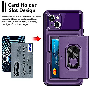 Vofolen for iPhone 13 Case Wallet Cover Credit Card Holder ID Slot Sliding Door Hidden Pocket with 360°Swivel Kickstand 3 in 1 Hybrid Bumper Rugged Phone Case for iPhone 13 6.1 inch 5G GreyPurple