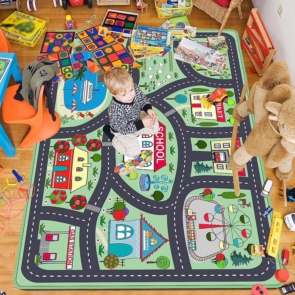 LTKOUGFAM kids Playmat Car Rug, Kids Play Rugs Town City Road Map Rug, Large Educational Kids Car Mat, Boys Kids Car Track Play Rug, Kids Rugs for Playroom Bedroom Living Room (Style 2, 78.7X 59 INCH)