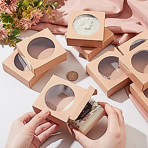 BENECREAT 24 Packs Brown Kraft Square Paper Boxes Gift Wrapping Box with Round Clear Window 3x3x1.2 for Homemade Soap, Wedding Party Favor, Festival Gift Packaging