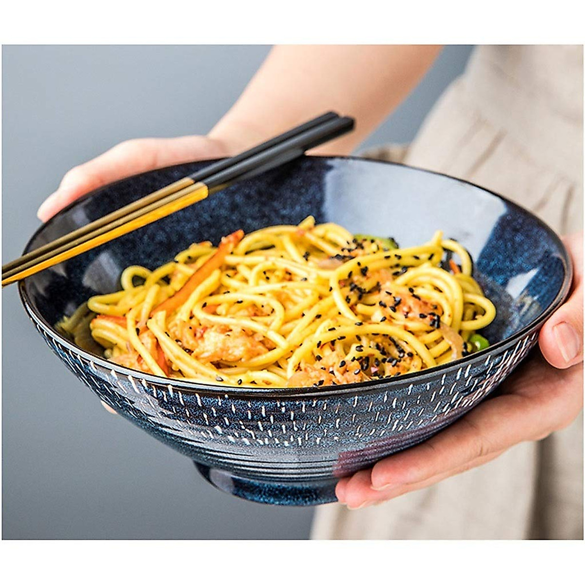 Threaded BowL 8" Ceramic Soup Bowl Ramen Bowl, Blue Thread Rice Bowl, Large Fruit Salad Bowl, Kitchen Tableware Cereal Bowl (Color : Blue2, Size : 8")