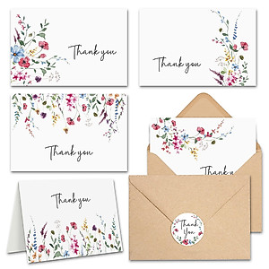Floral Thank You Cards With Envelopes (bulk 20-4x6) - Thank You Notes With Envelopes Set - Wildflower Thank You Cards With Envelope And Stickers - for Birthday, Wedding, Bridal Showers, Baby Showers