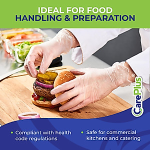 Care Plus Disposable Vinyl Gloves Medium Size| Heavy Duty | Non Sterile | Powder Free | Latex Free Rubber | 100 Count Box |food Safe