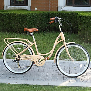 WEEROCK 26 Inch Adult Cruiser Bike Ladies Bicycle Shimano 7 Speeds Steel Frame Commuter Bike for Women, Men, Seniors,Multi Colors,Beige