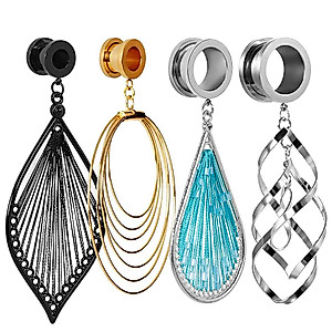 TBOSEN 8 PCS Stainless Steel Screw Ear Gauges Large Dangle Plugs Tunnels Expander Body Piercing Jewelry Set